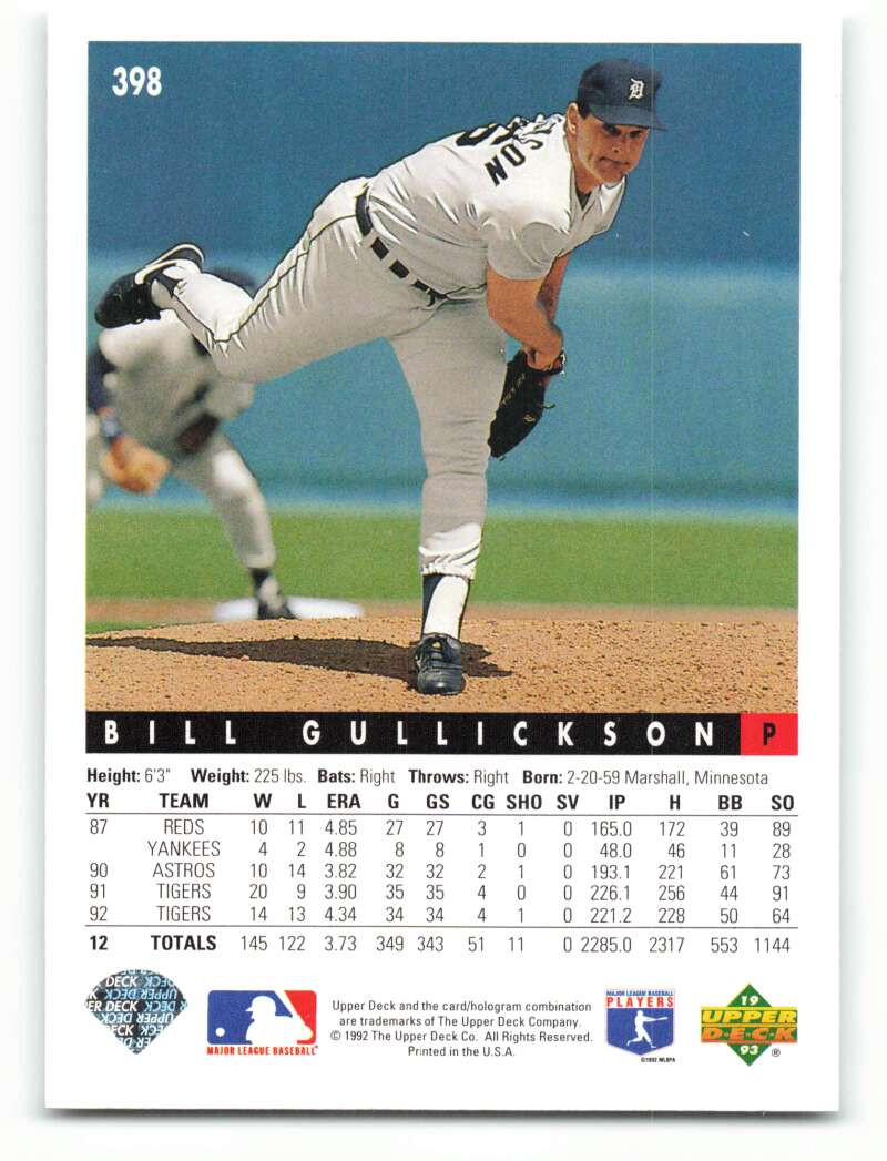 1993 Upper Deck #398 Bill Gullickson VG Detroit Tigers - Under the ...