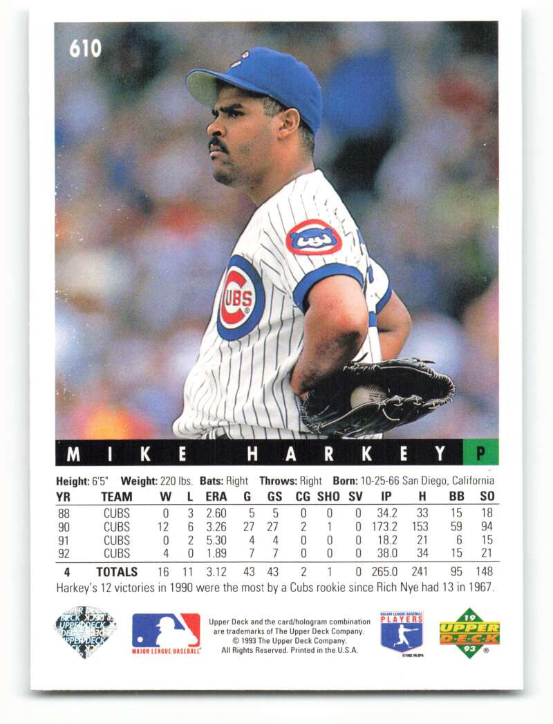 1993 Upper Deck #610 Mike Harkey VG Chicago Cubs - Under the Radar Sports