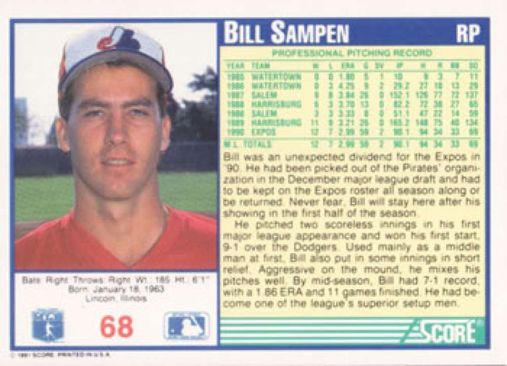 1991 Score #68 Bill Sampen UER VG Montreal Expos - Under the Radar Sports