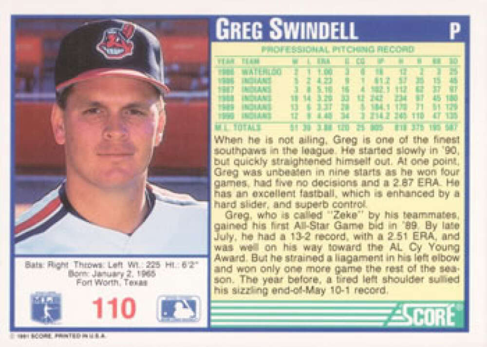 1991 Score #110 Greg Swindell VG Cleveland Indians - Under the Radar Sports