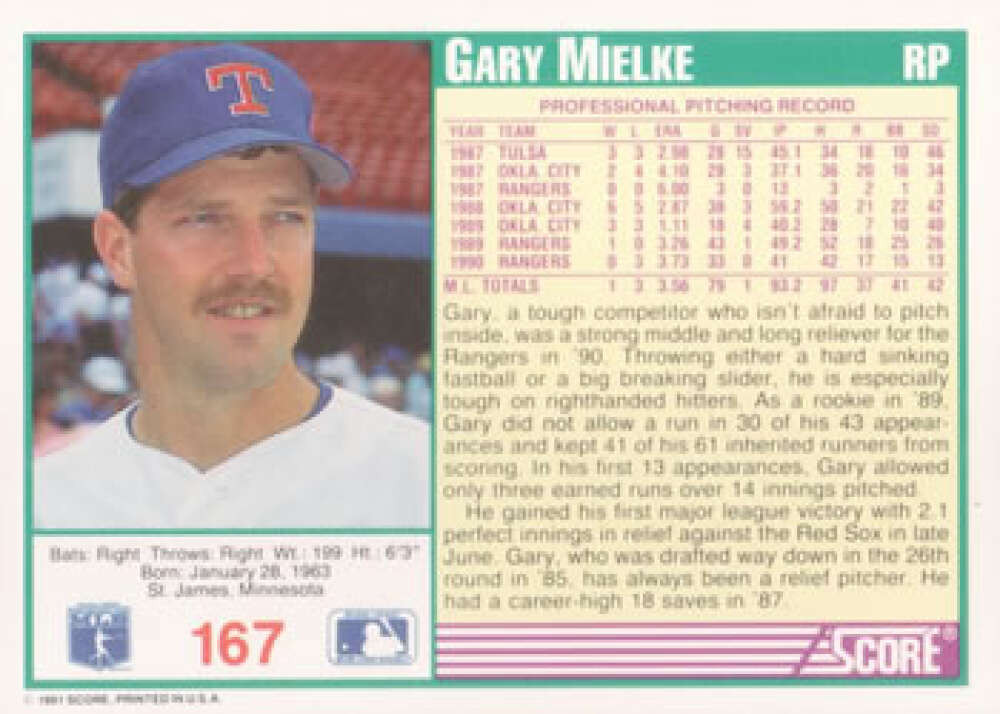 1991 Score #167 Gary Mielke VG Texas Rangers - Under the Radar Sports