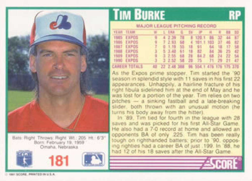 1991 Score #181 Tim Burke VG Montreal Expos - Under the Radar Sports