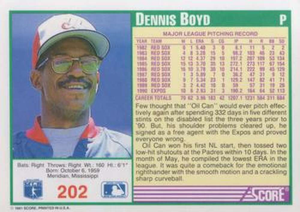 1991 Score #202 Oil Can Boyd VG Montreal Expos - Under the Radar Sports
