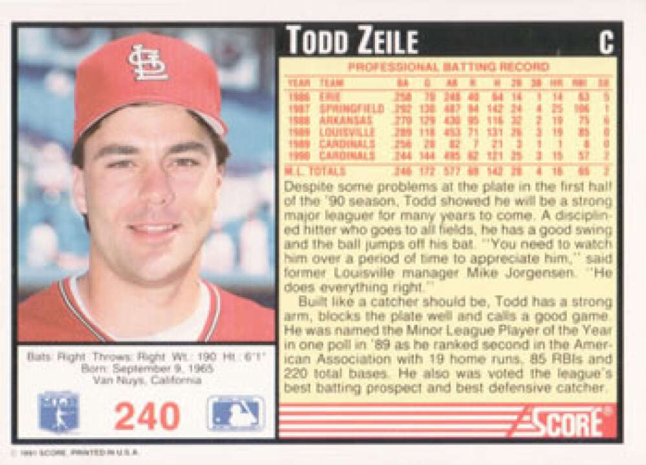 1991 Score 240 Todd Zeile Vg St Louis Cardinals Under The Radar Sports