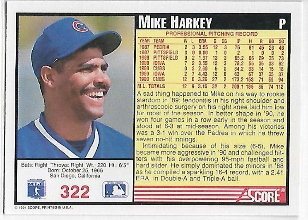 1991 Score #322 Mike Harkey VG Chicago Cubs - Under the Radar Sports