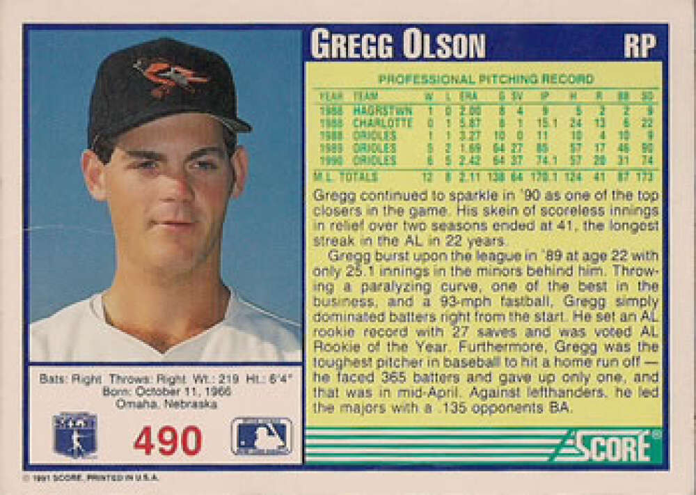 1991 Score #490 Gregg Olson VG Baltimore Orioles - Under the Radar Sports