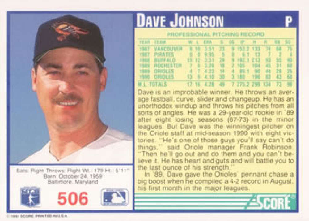 1991 Score #506 Dave Johnson VG Baltimore Orioles - Under the Radar Sports