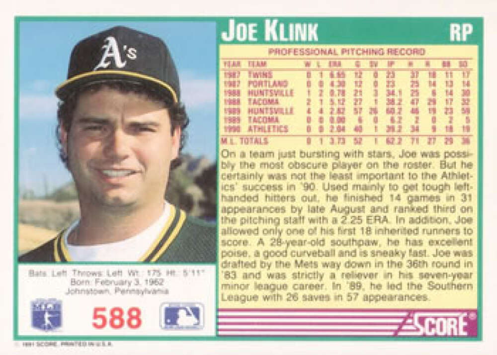 1991 Score #588 Joe Klink VG Oakland Athletics - Under the Radar Sports