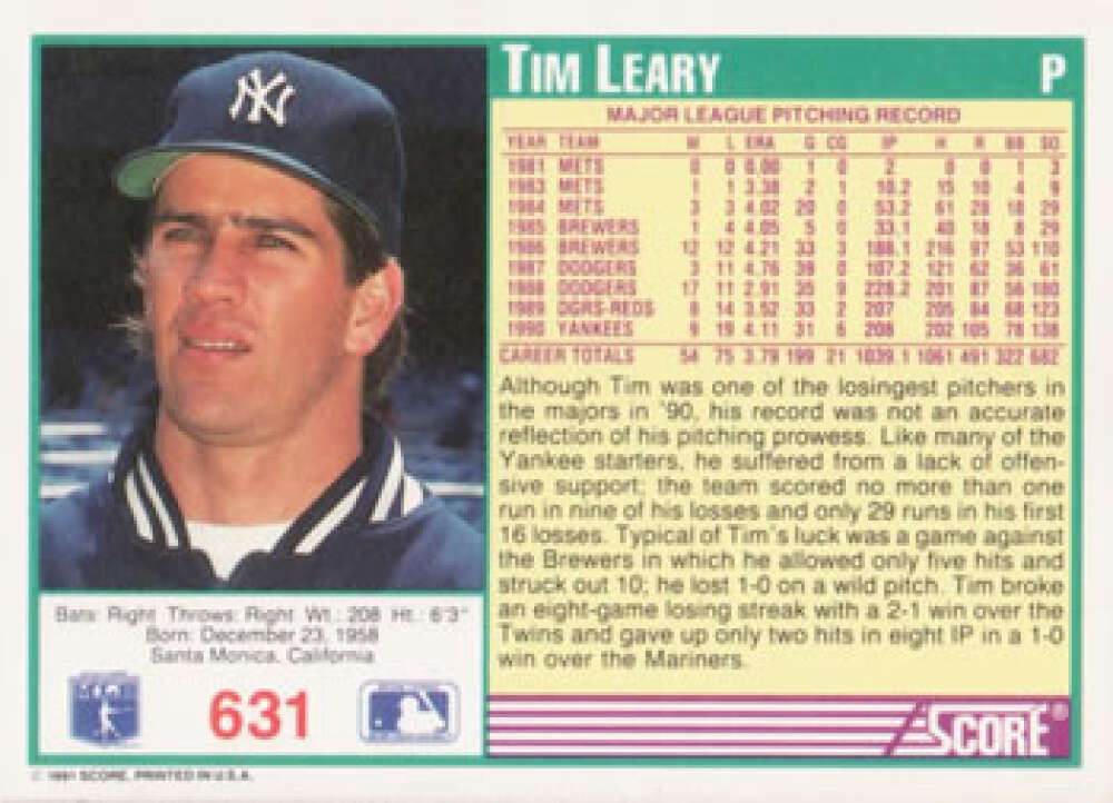 1991 Score #631 Tim Leary VG New York Yankees - Under the Radar Sports