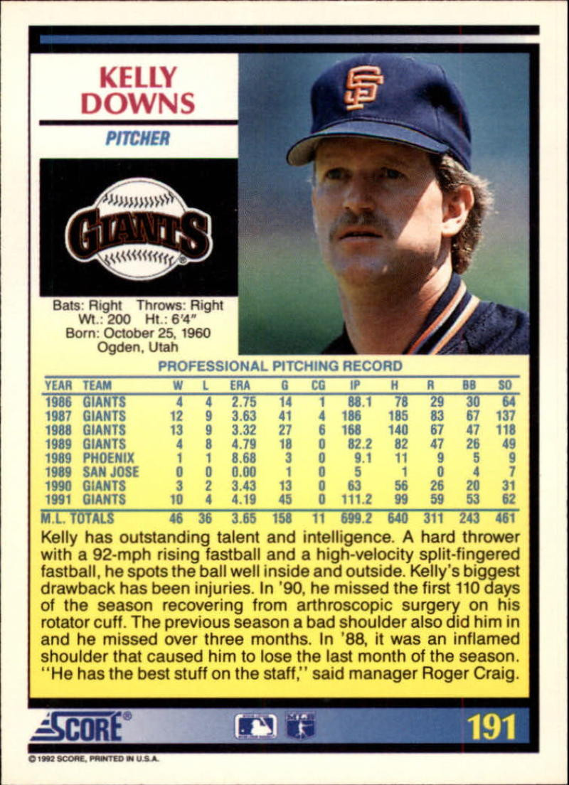 1992 Score #191 Kelly Downs VG San Francisco Giants - Under the Radar ...