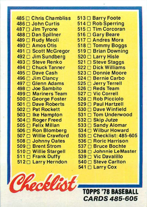 1978 Topps #535 Checklist 485-605 VG Checklist - Under the Radar Sports