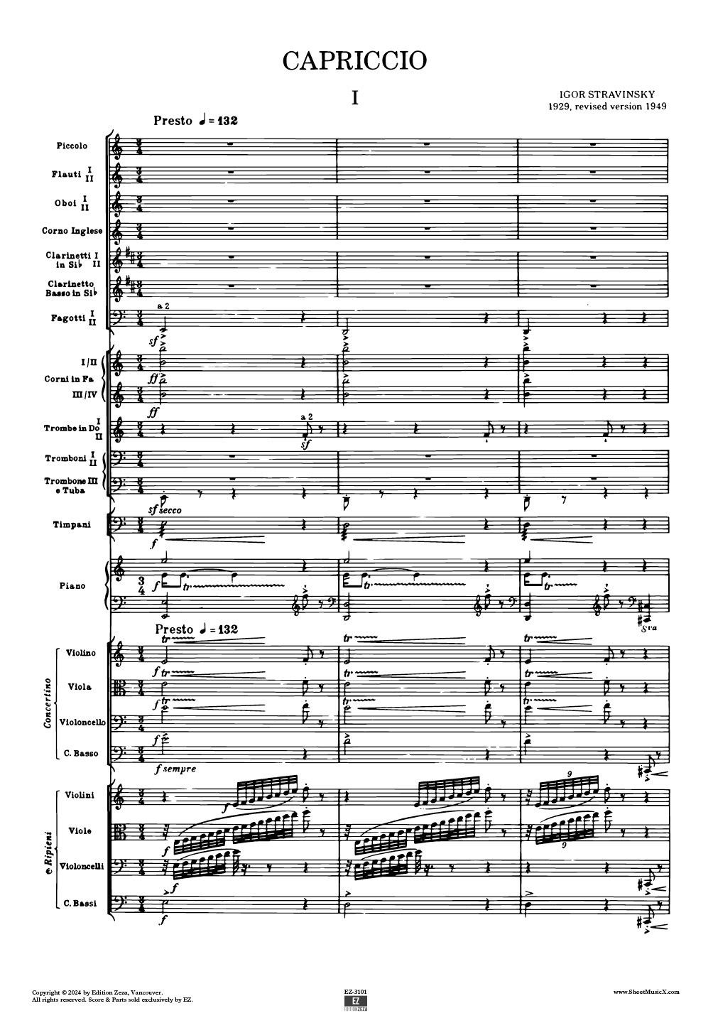 Stravinsky Capriccio for Piano & Orchestra, full score and orchestral ...