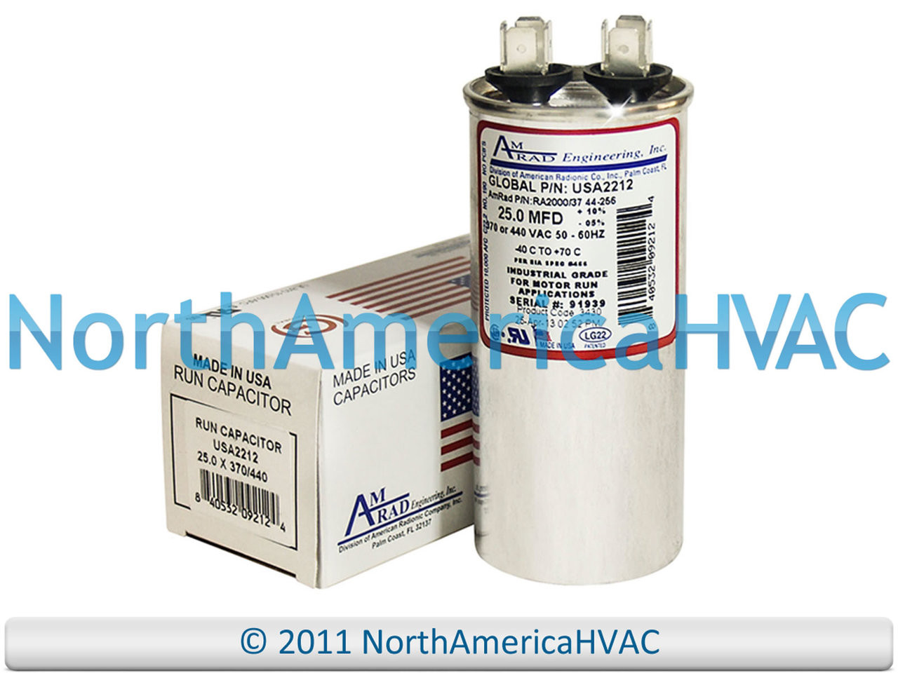 OEM Amrad Round Run Capacitor 25.0 uf MFD 370 Volt VAC Replaces RA2000 ...