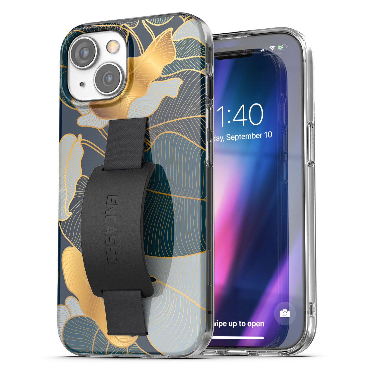 Encased Hand Loop Case for iPhone 15 - Blue/Gold Leaf