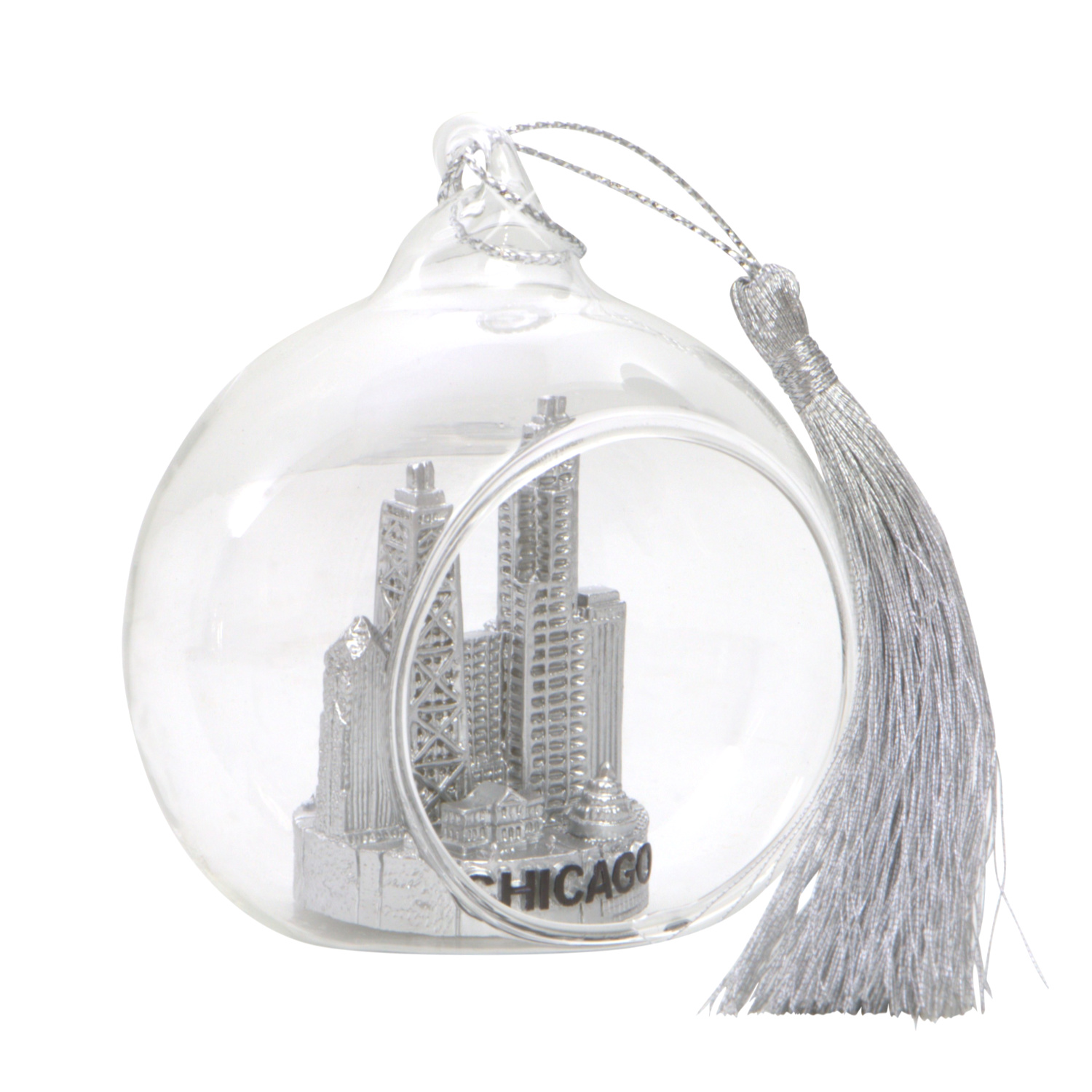 Mini Silver Skyline Chicago Christmas Ornament Open Glass Ball