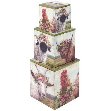 Set of 3 Decorative Wooden Hinged Boxes - Farmhouse Animals With Floral ...