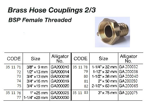 IMPA 351175 HOSE COUPLING 2/3 3/4" X 19 MM BSP FEMALE BRASS