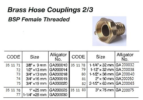 IMPA 351177 HOSE COUPLING 2/3 11/4" X 25 MM BSP FEMALE BRASS