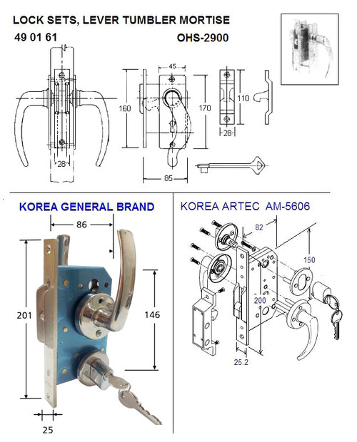IMPA 490163 LEVER TUMBLER MORTISE LOCK FOR SLIDING DOOR OHS-2910