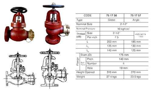 IMPA 751757 ANGLE HOSE VALVE F7305 ANSI 10K 10K JIS CAST IRON 21/2" 175 ...
