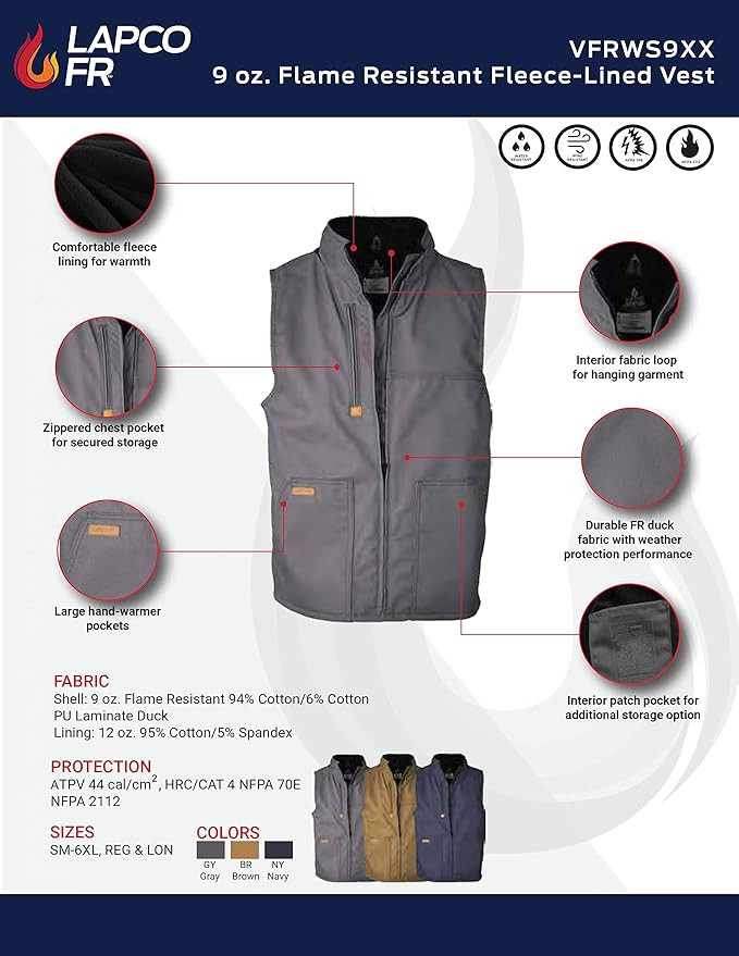 Lapco FR Fleece Lined Vest with Windshield Technology - Dry Canyon FR