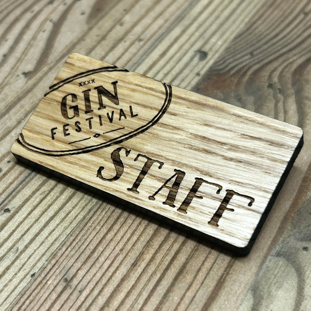 Personalised engraved wooden badges - 5mm solid oak badges.