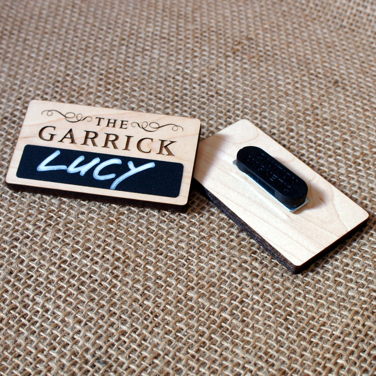 Cam Graphic: wooden engraved badges - solid Maple with chalkboard area