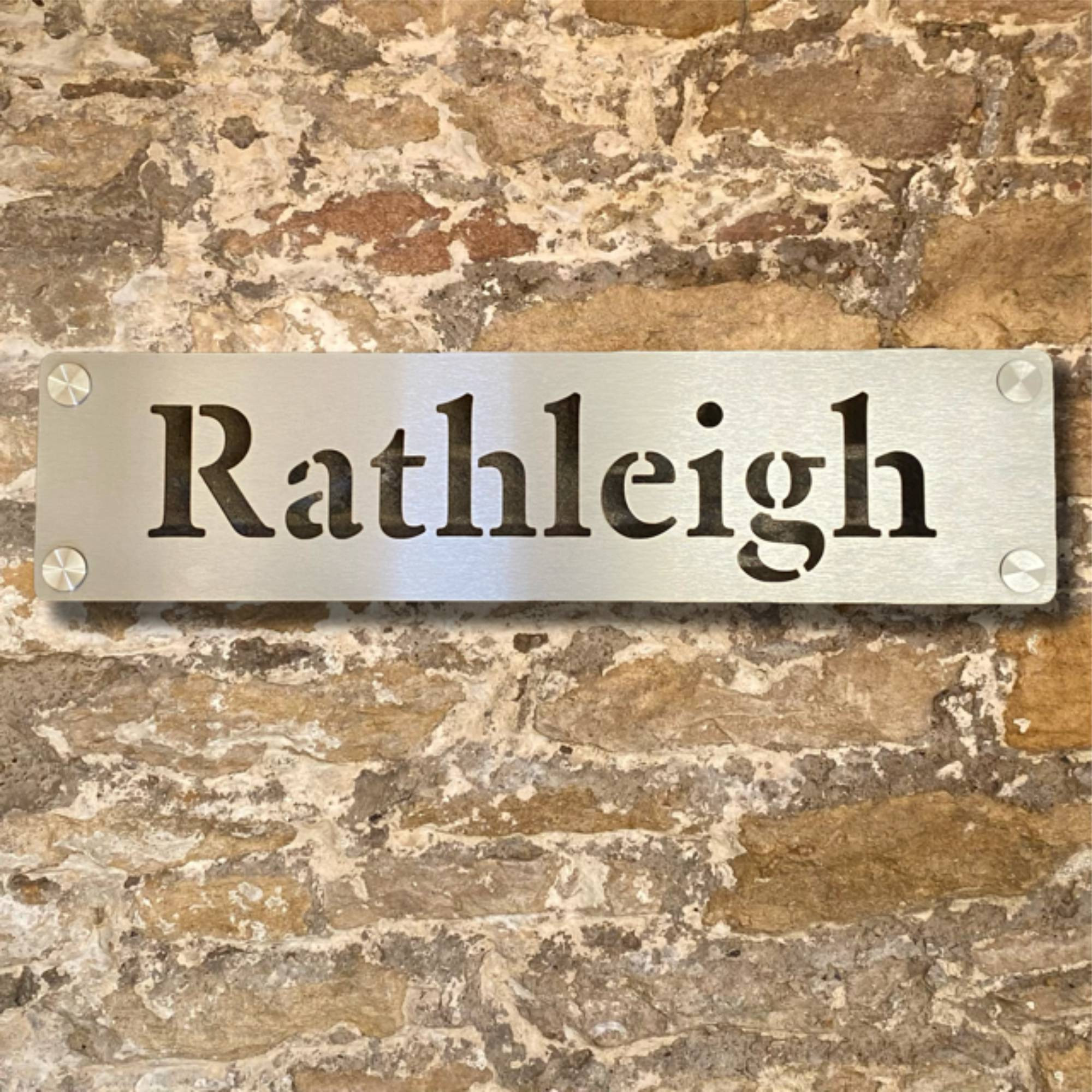 Solid oak sign with inlaid stainless steel lettering / logo / artwork