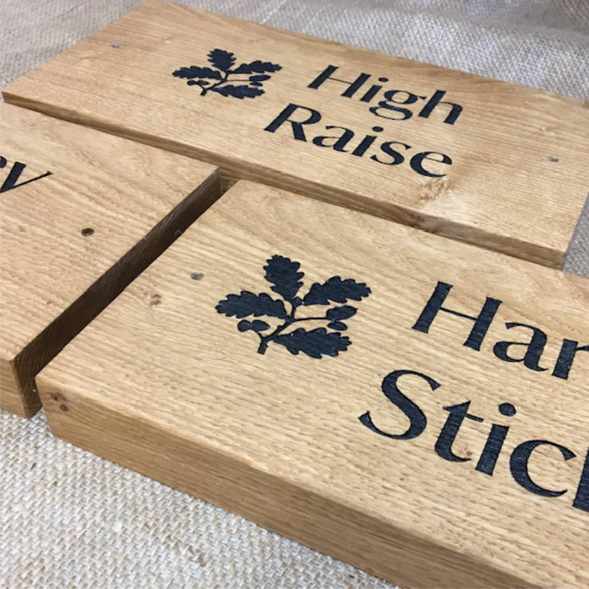 Solid oak sign with inlaid stainless steel lettering / logo / artwork