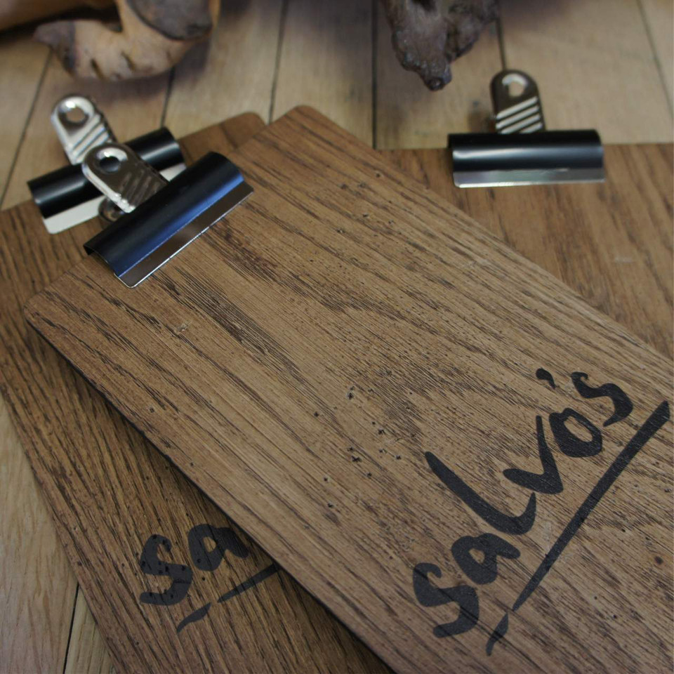 Personalised engraved wooden clipboard bill presenter with removeable clip