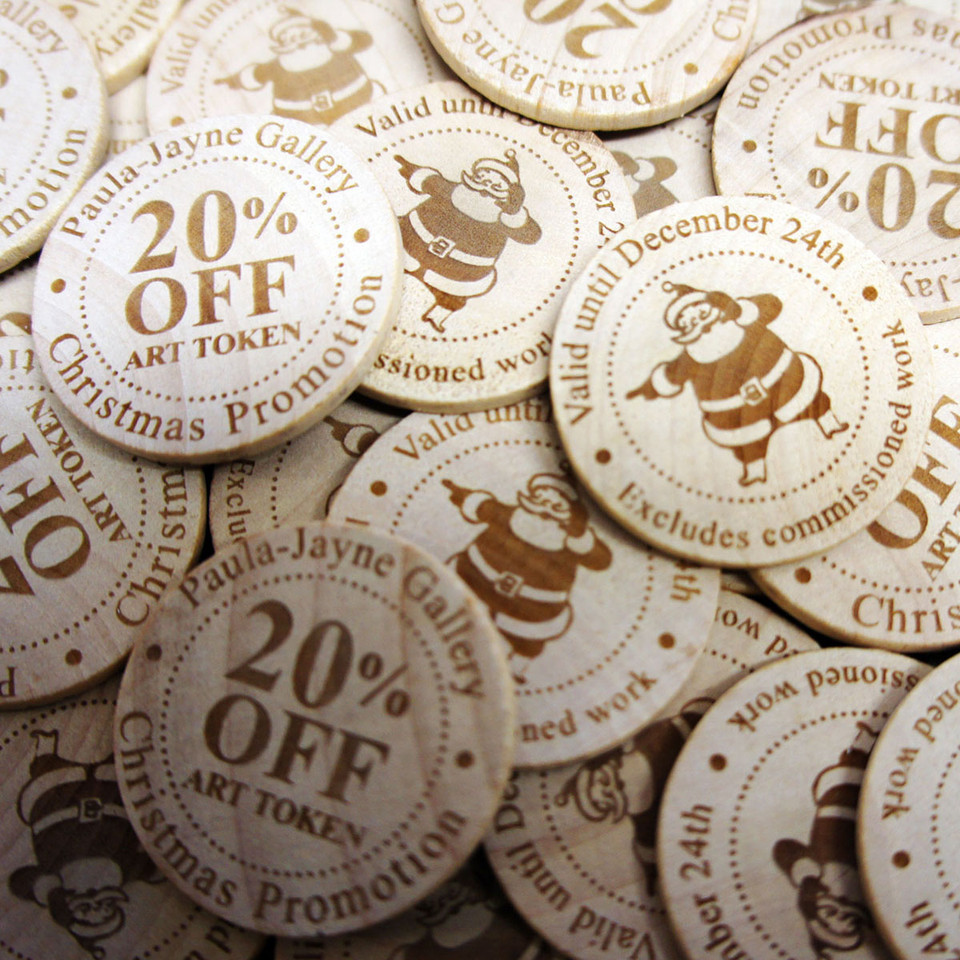 Personalised wooden engraved tokens UK - wooden coins, promotional ...