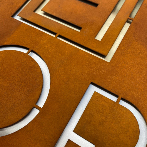 Rectangular Corten steel sign with a stainless steel backing plate ...
