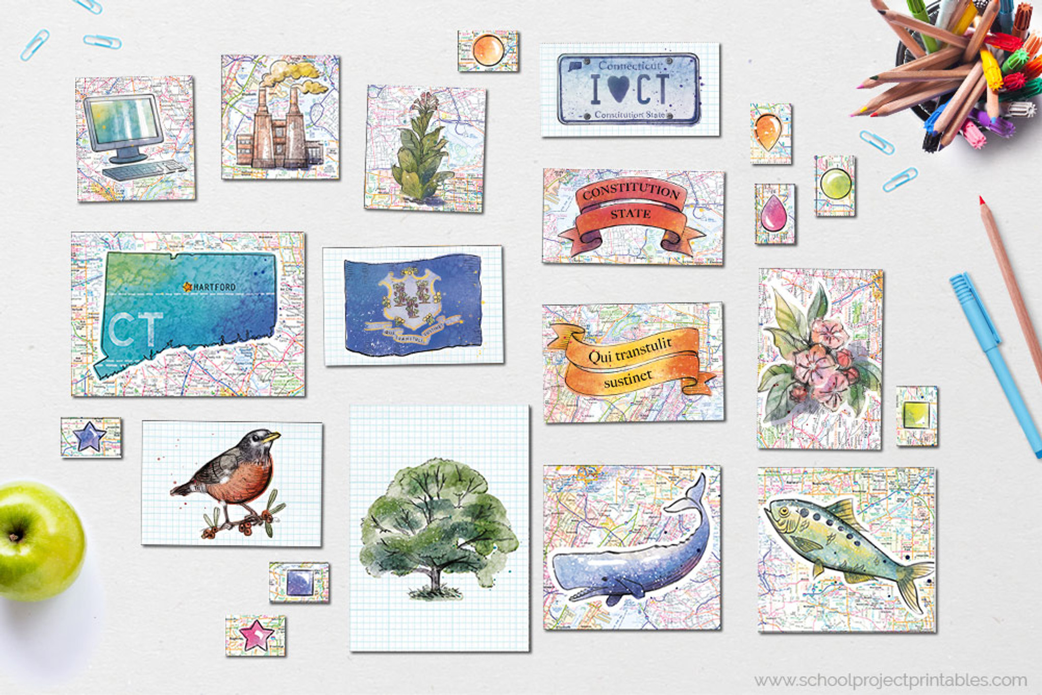 Connecticut State Report Clip Art Icon Symbols Set - School Project ...