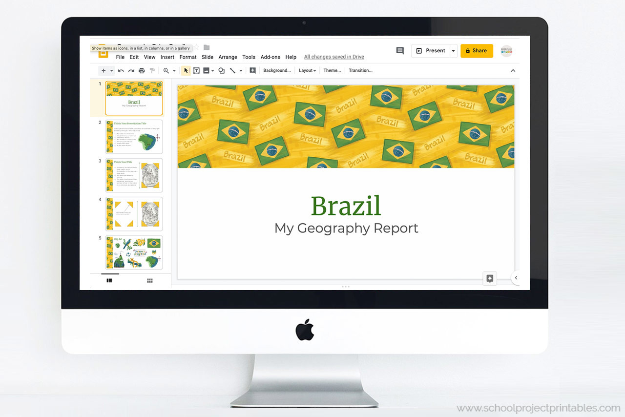 Brazil PowerPoint Template Theme - School Project Printables