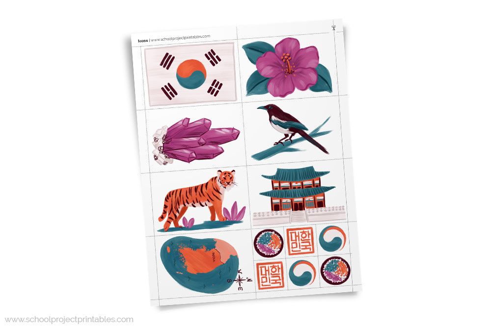 South Korea Clip Art Icon Symbols Set - School Project Printables