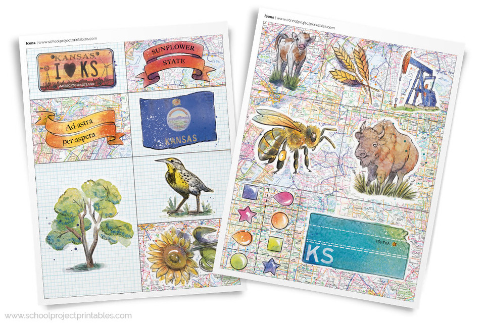 Kansas State Report Clip Art Icon Symbols Set - School Project Printables