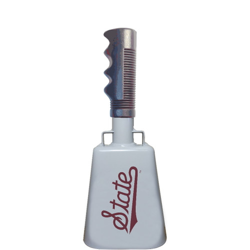 White Mississippi State cowbell with script STATE emblem