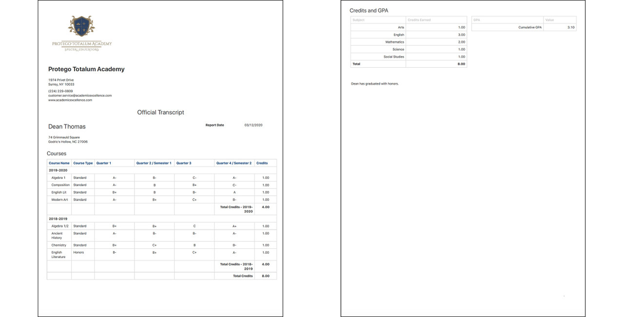 Grade Reporting System with Transcripts
