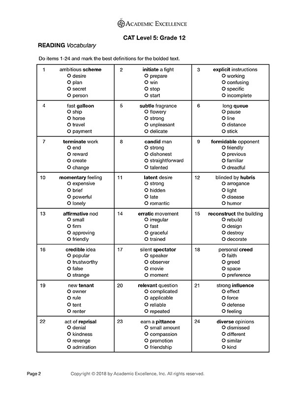 CAT Prep Pack and Study Guide: Grades 2-12 - PDF Download