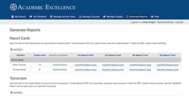 Grade Reporting System with Transcripts