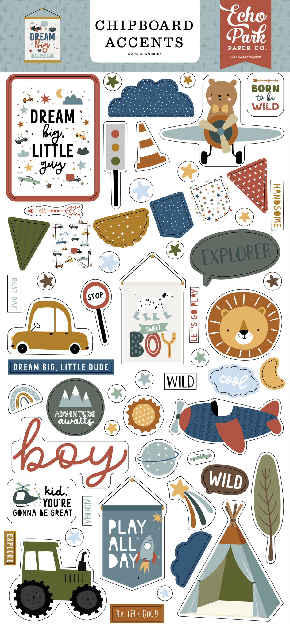 Dream Big Little Boy 6x13 Chipboard Accents - Echo Park Paper Co