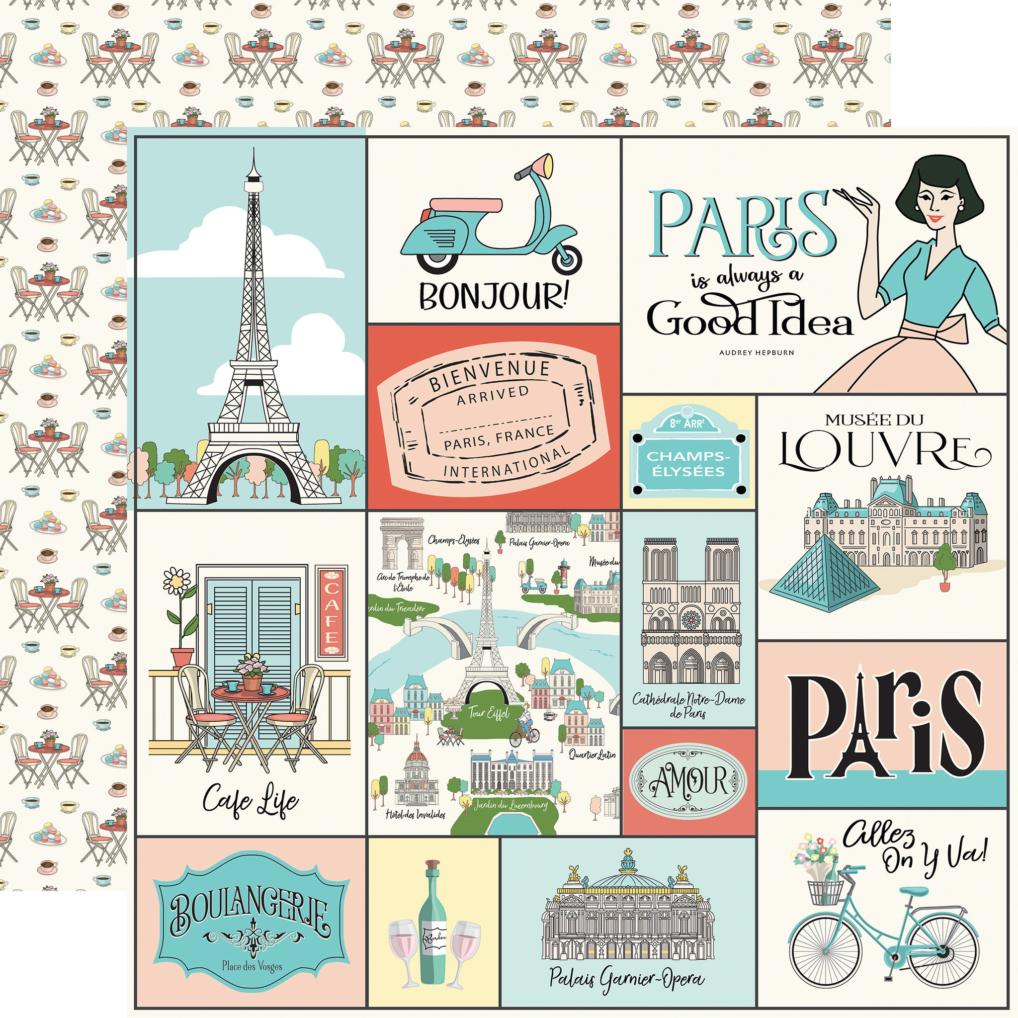 Paris: Paris Journaling Cards 12x12 Patterned Paper - Echo Park Paper Co