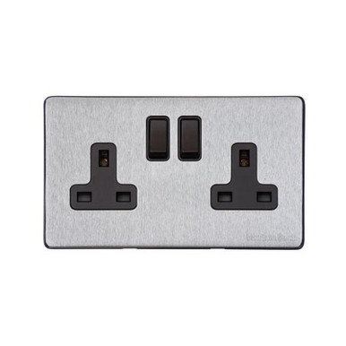 Vintage Range Double Socket (13 Amp) in Satin Chrome - Black Trim ...