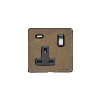 Vintage Range Single USB Socket (13 Amp) in Rustic Brass - Black Trim ...