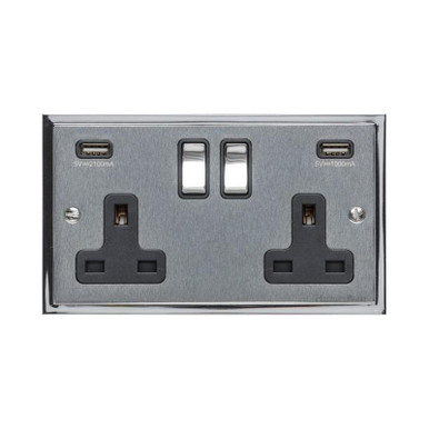 Elite Stepped Plate Range Double USB Socket (13 Amp) in Satin Chrome ...