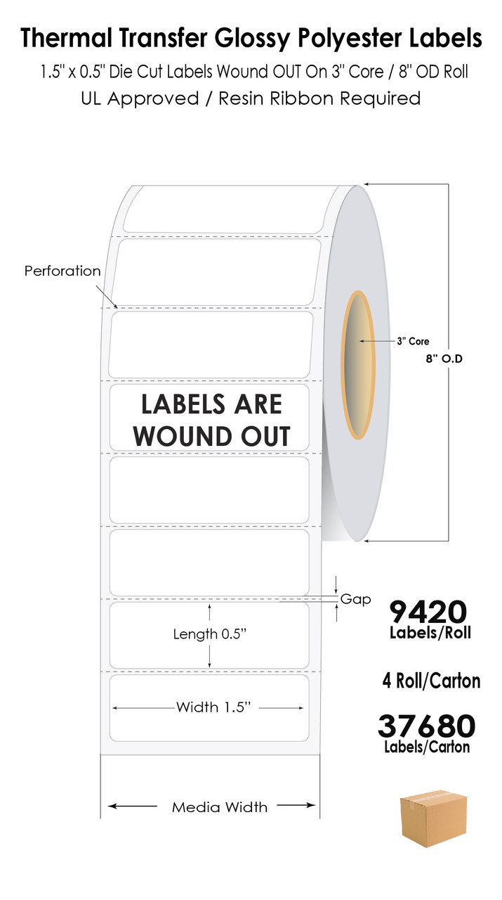Thermal Transfer 1.5" x 0.5" Gloss Polyester UL Labels 37680 Labels ...