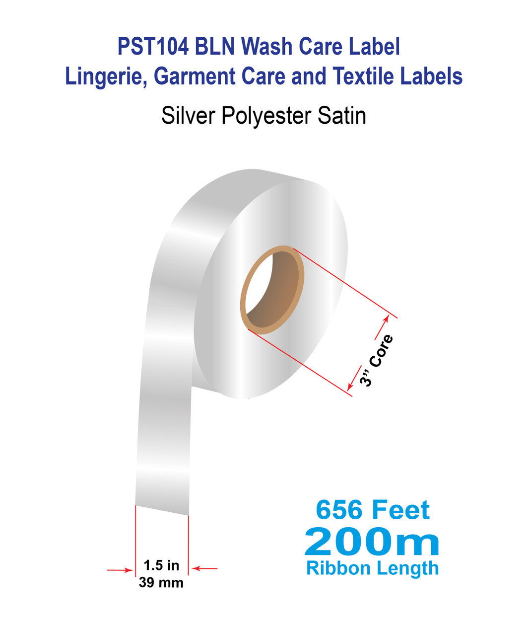 PST104 BLN 1.5" x 656 Ft Silver Polyester Satin Wash Care Label ...
