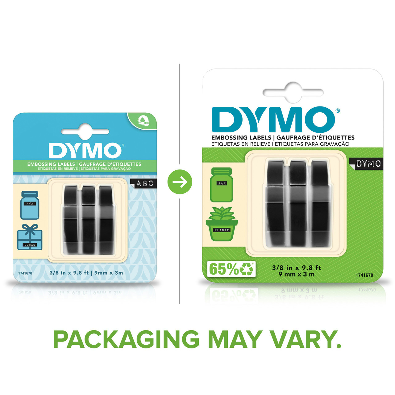 DYMO 1741670 Embossing Labels 3/8" | White on Black | 3 Pack
