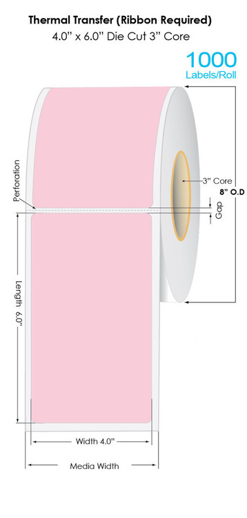 Thermal Transfer 4" x 6" PINK Matte Paper Labels 1000/Roll - 3" Core ...