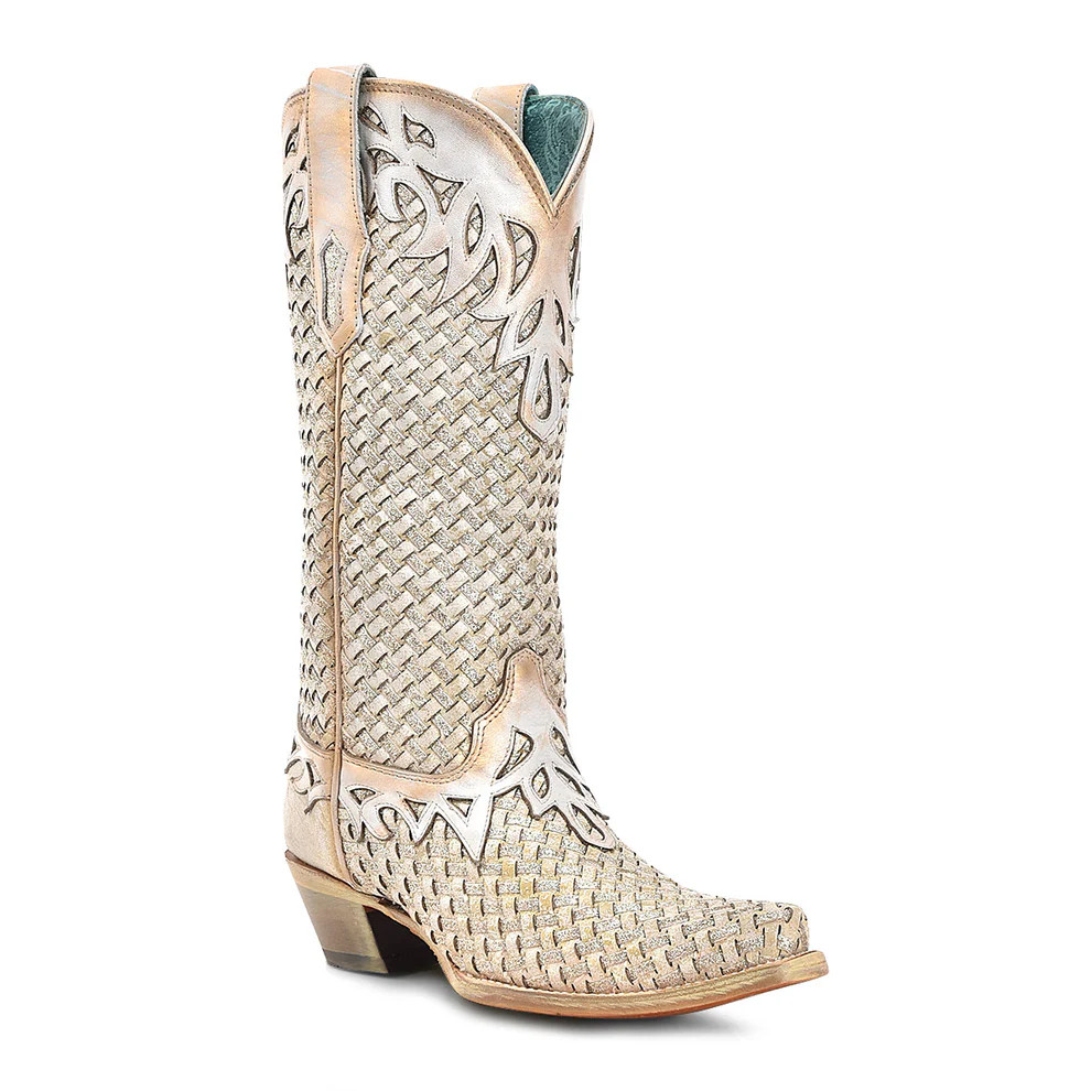 Women's Corral White Glitter Woven and Overlay Snip Toe Western Boot ...